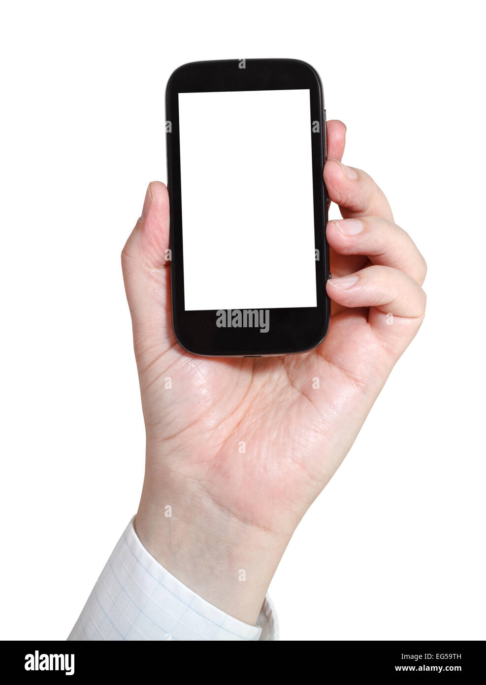businessman holds smartphone with cut out screen isolated on white ...