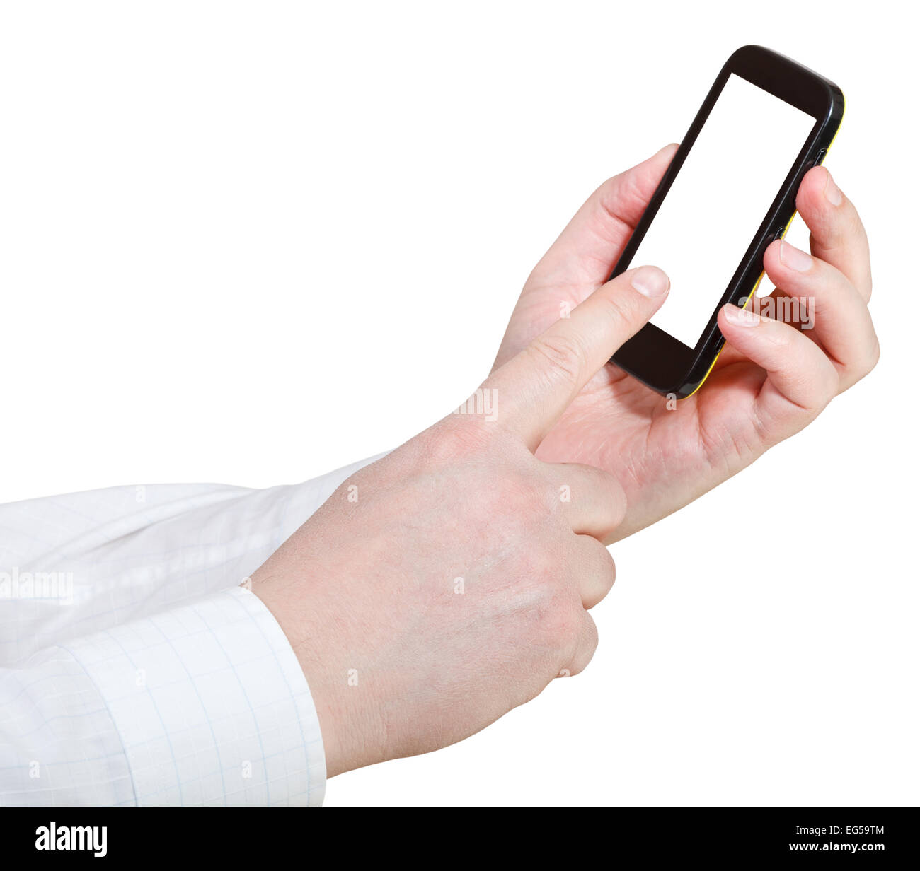 businessmanl touching smartphone with cut out screen isolated on white ...