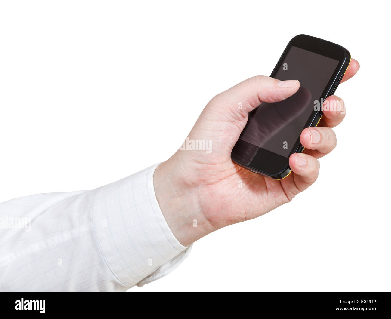 businessman clicking touchscreen phone isolated on white background ...