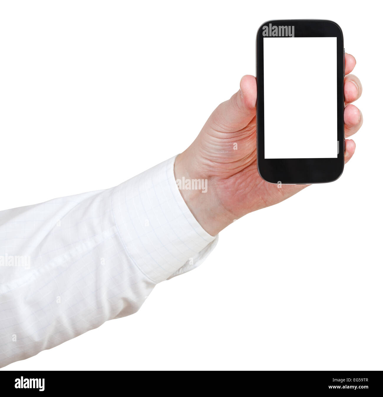 businessman holding touchscreen phone with cut out screen phone ...