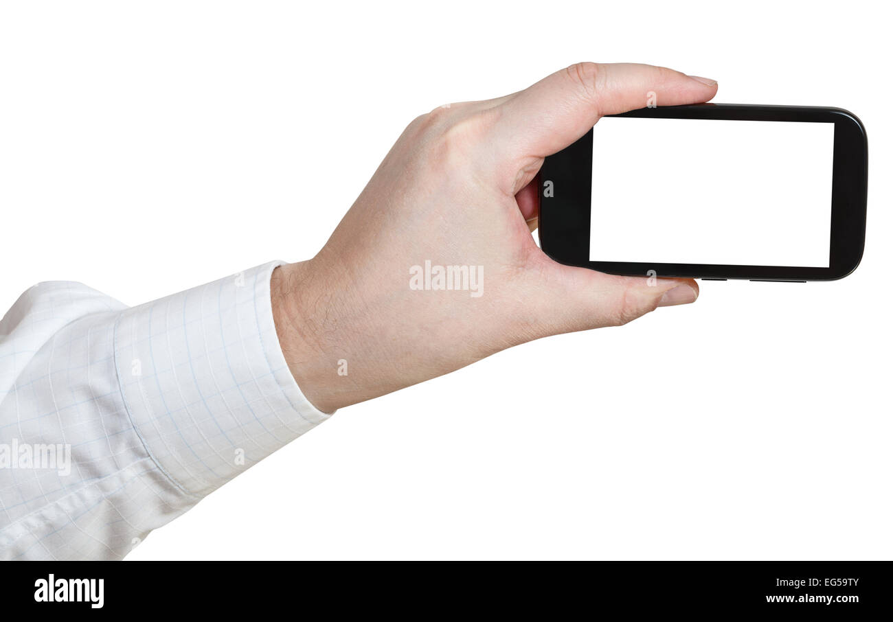 businessman hand shooting by smartphone with cut out screen isolated on ...