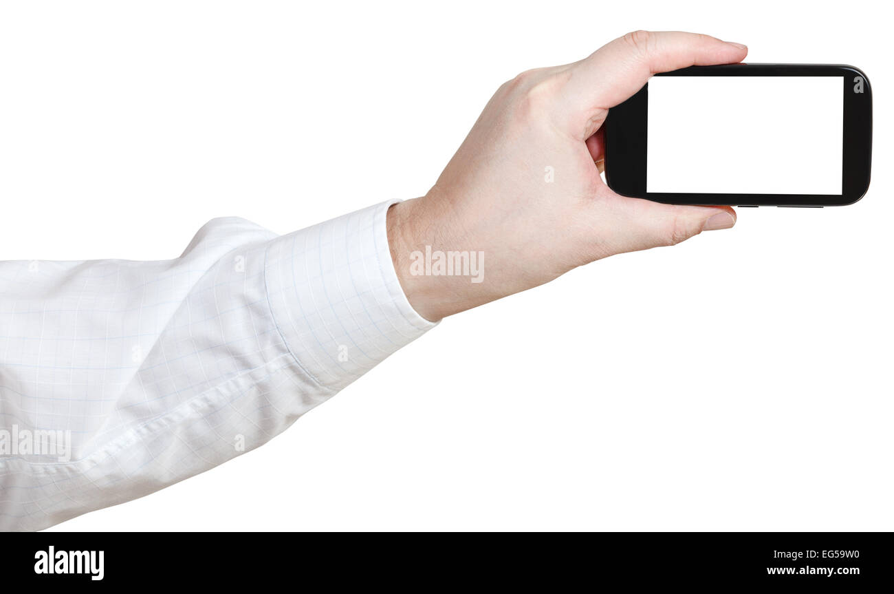 businessman photoshoots by smart phone with cut out screen isolated on ...