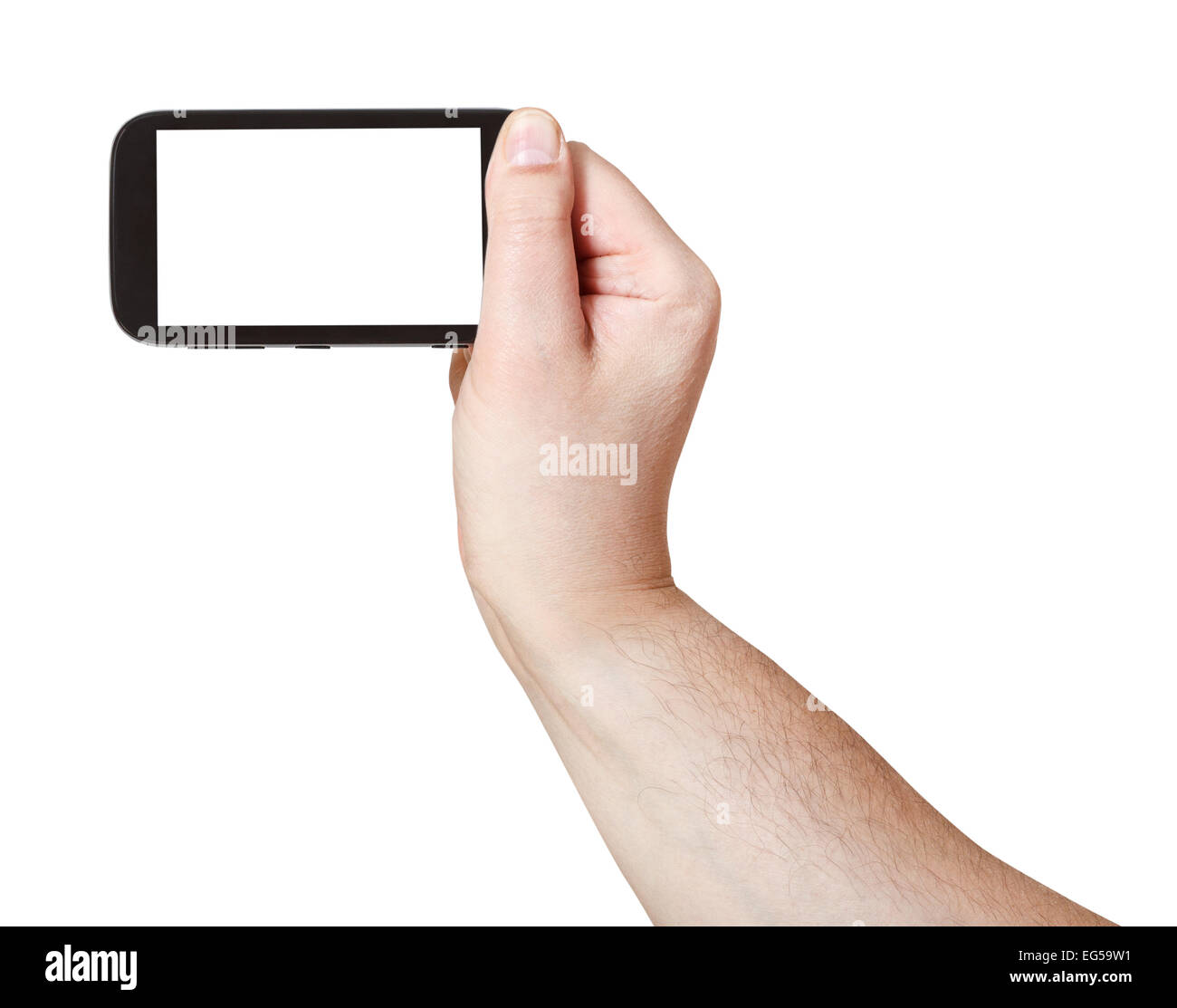 male hand holds smart phone with cut out screen isolated on white ...