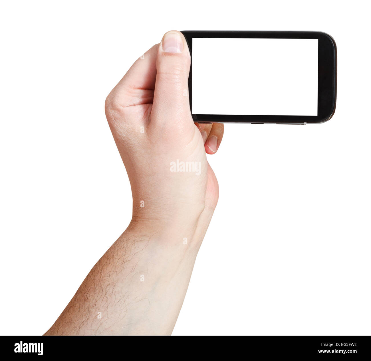 male hand holding smartphone with cut out screen isolated on white ...