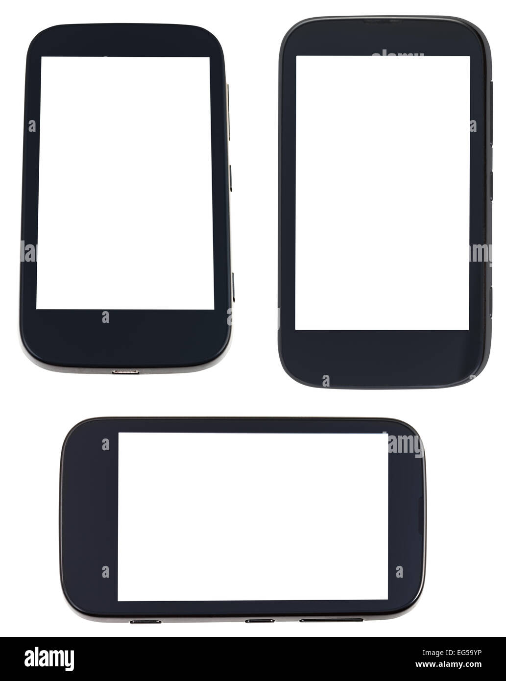 set of smart phones with cut out screen isolated on white background ...