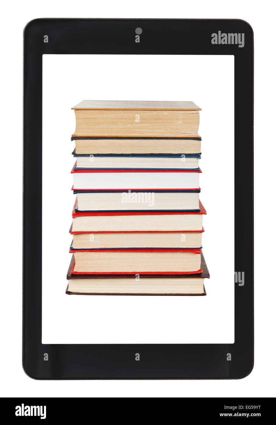 stack of books on screen of tablet pc isolated on white background ...