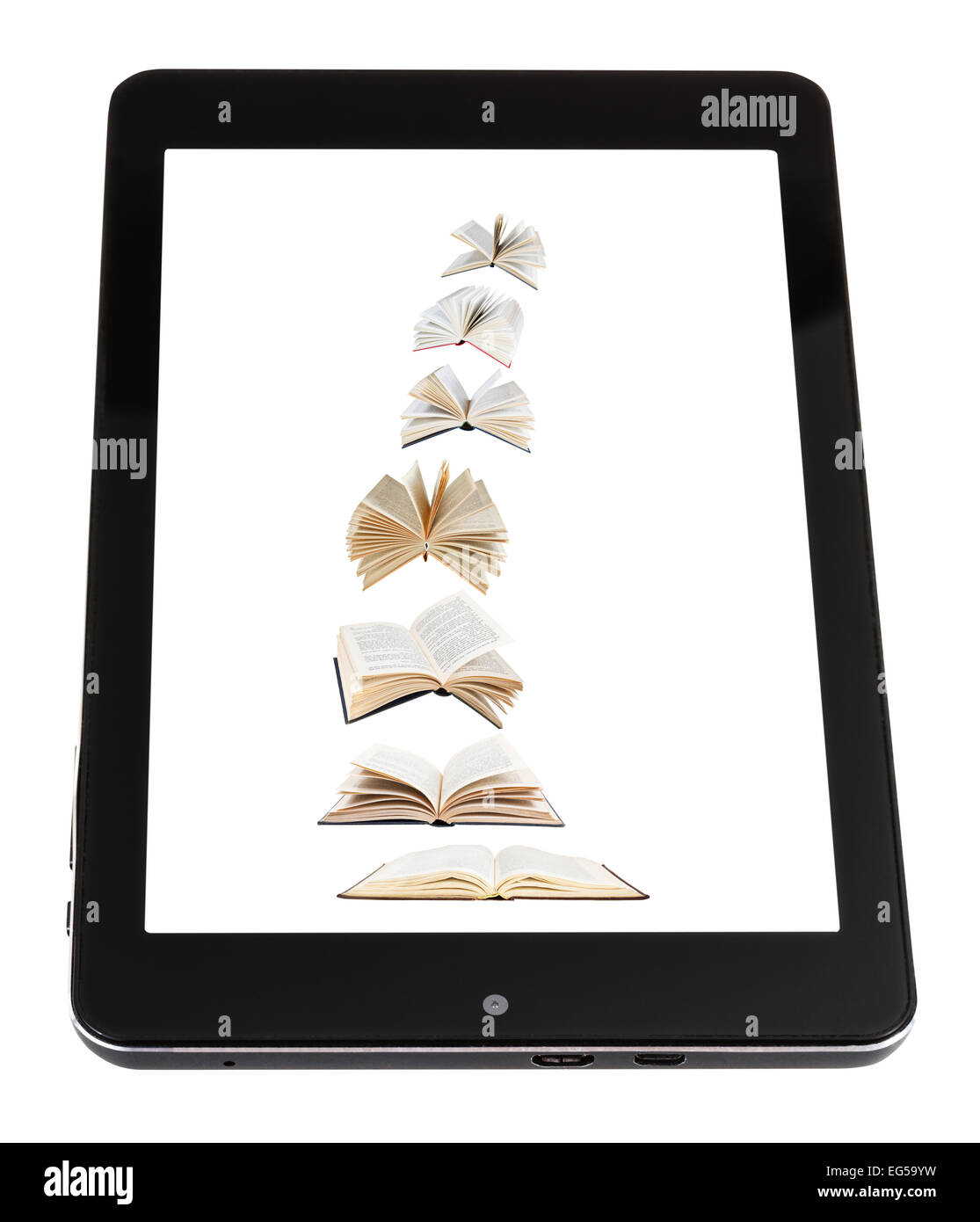 flying books on screen of tablet pc isolated on white background Stock ...
