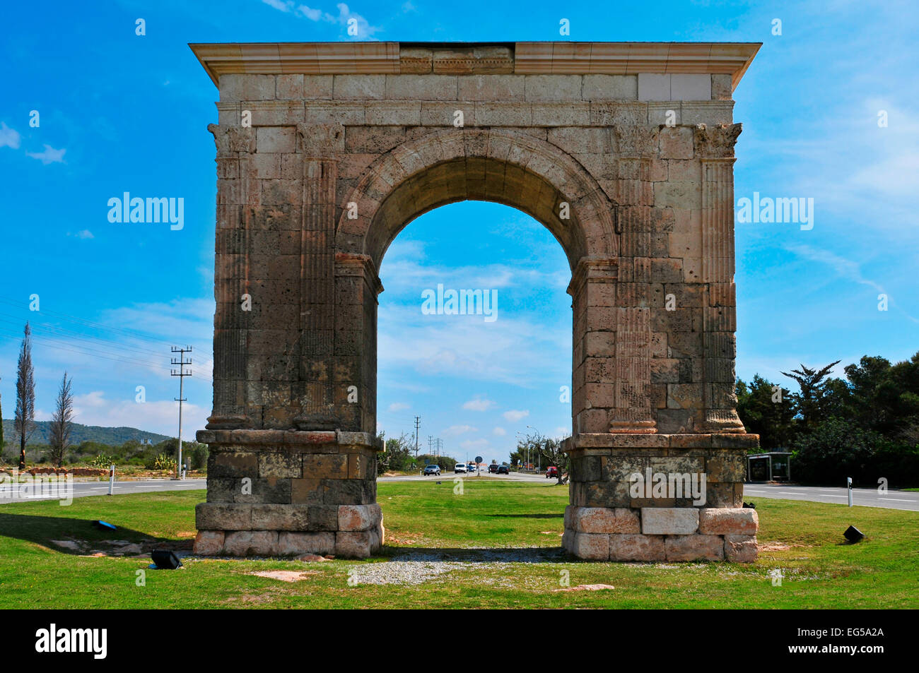 a view of the Arc de Bera, an ancient roman triumphal arch in Roda de ...