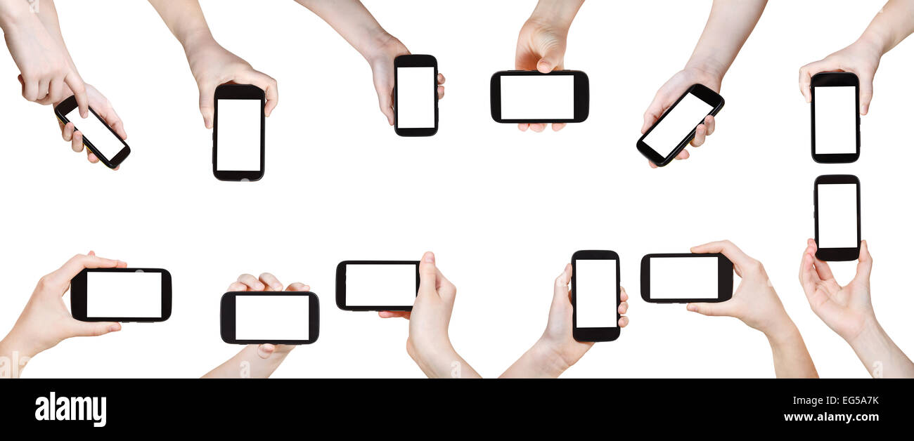 set of hands with mobile phones with cut out screen isolated on white ...