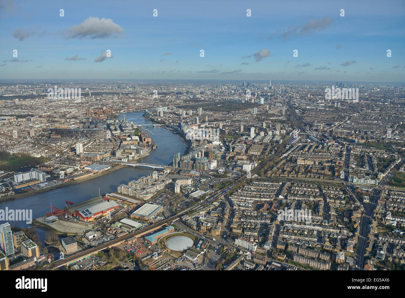 An aerial view looking from Wandsworth Bridge along the River Thames ...