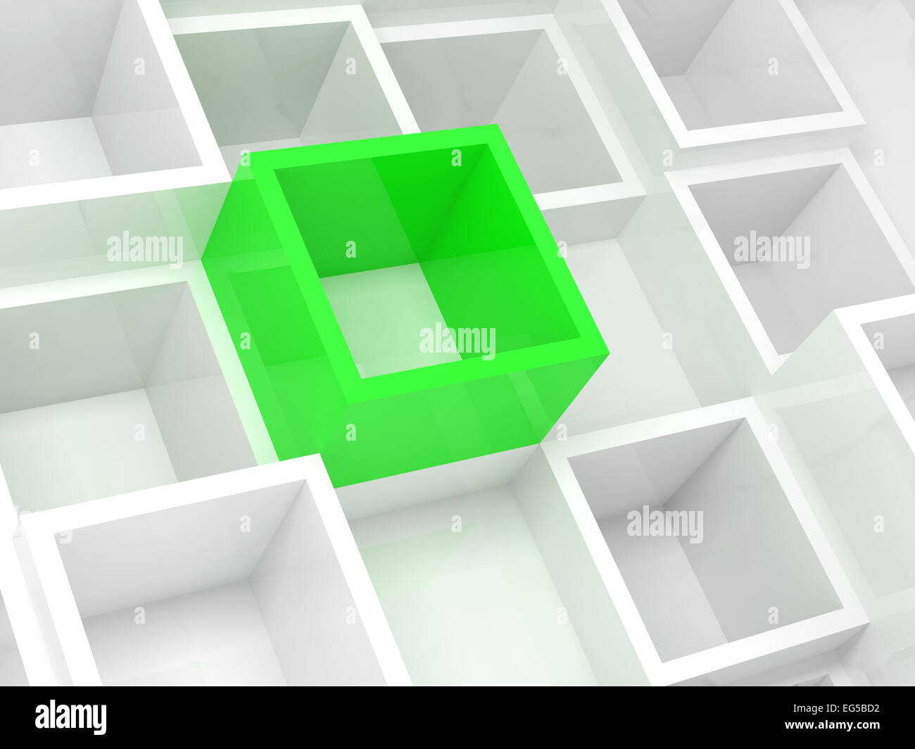 Abstract 3d design background, white square cells and one bright green ...