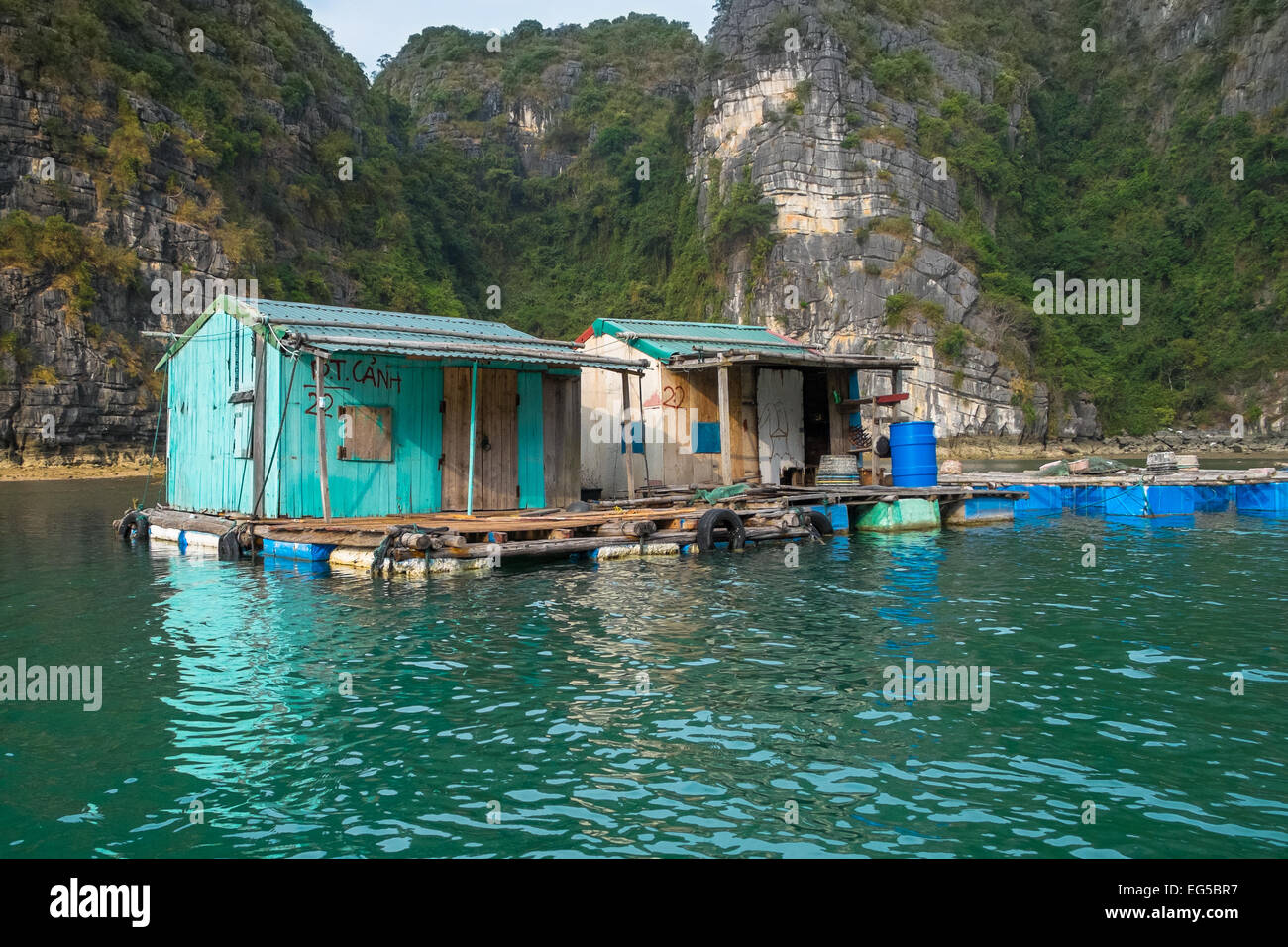 HALONG BAY, VIETNAM - JANUARY 28: Run down houses in a floating village ...