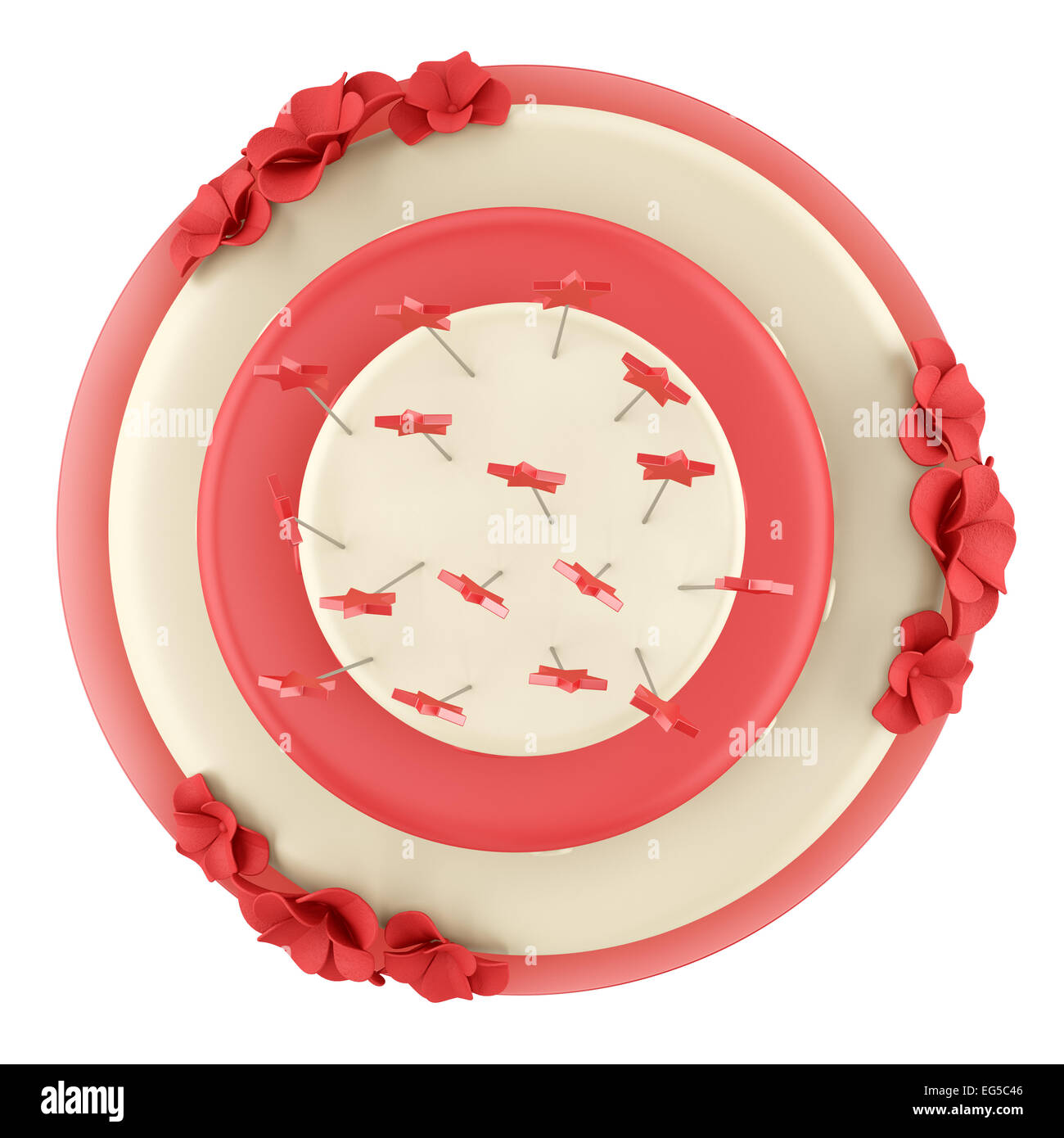 top view of big round red and yellow cake isolated on white background ...