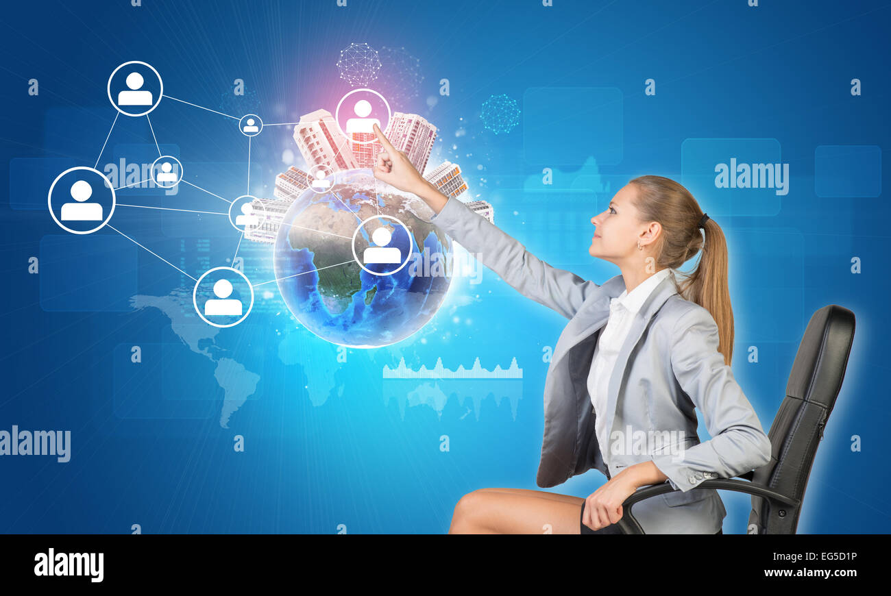 Businesswoman pressing touch screen button on virtual interface Stock ...