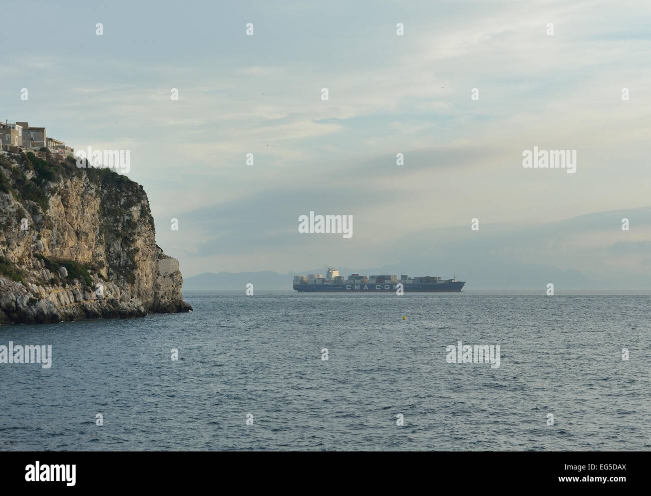 Container ship entering Bay of Gibraltar Western end of Gibraltar UK ...