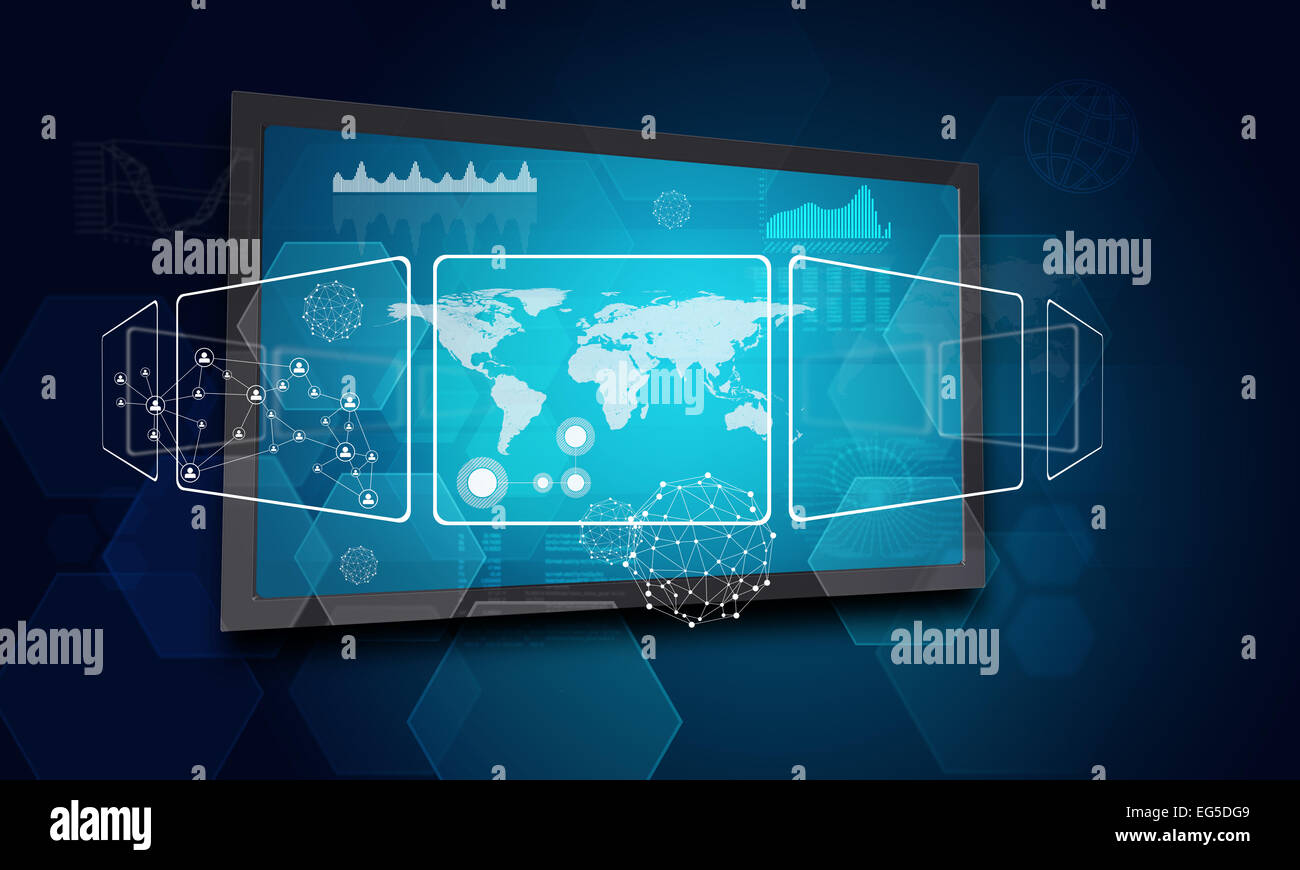 Touchscreen display with world map, graphs and other elements Stock ...