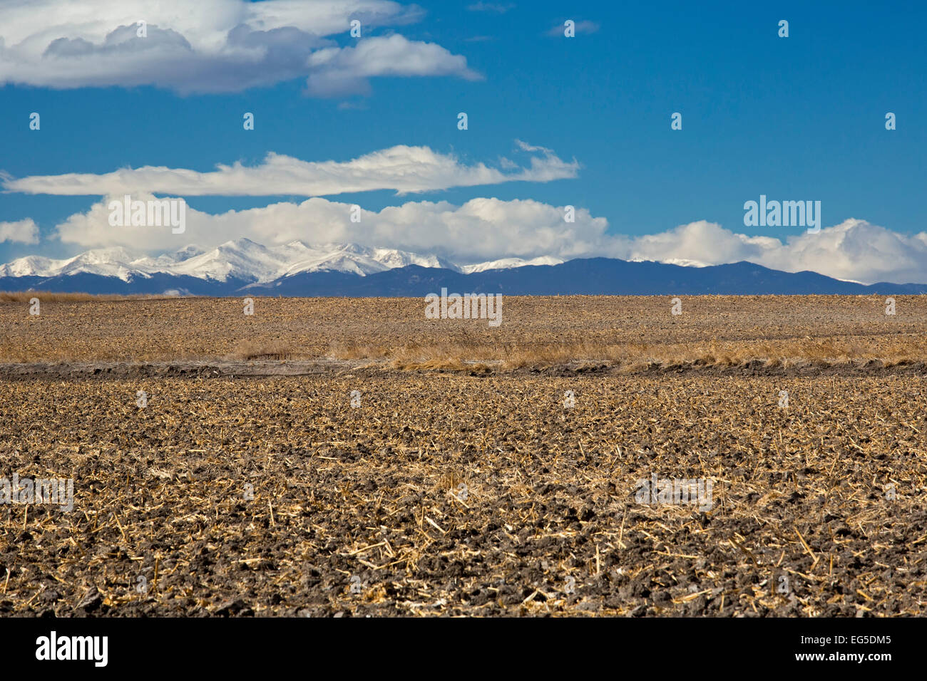 Greeley, Colorado - A farm below the snow-capped Rocky Mountains Stock ...