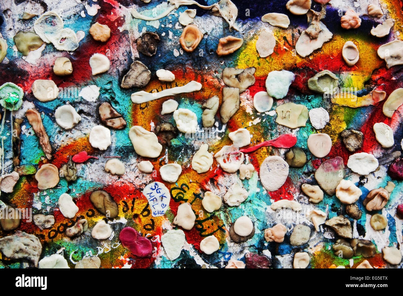 Part of Berlin Wall with graffiti and chewing gums stuck on it ...