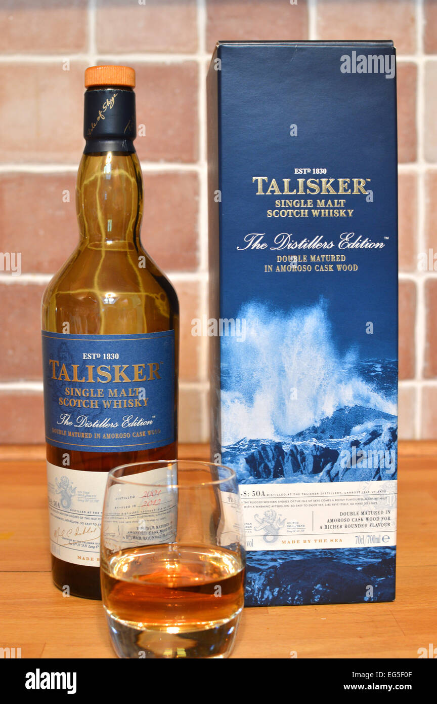 Bottle of Destillers Edition Talisker single malt whisky. Distilled on ...