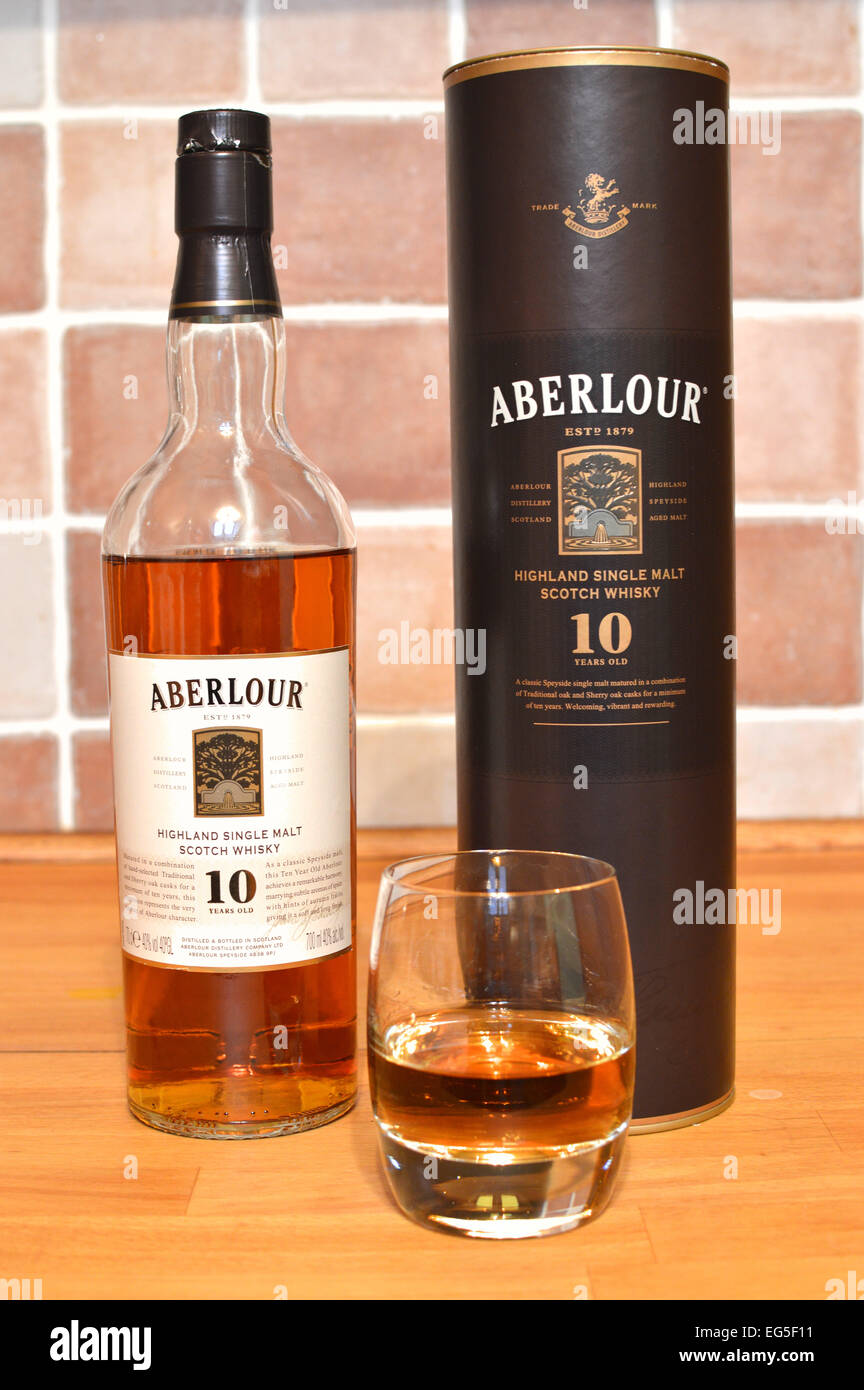 Bottle of Aberlour single malt whisky. Distilled on Speyside, Scotland ...