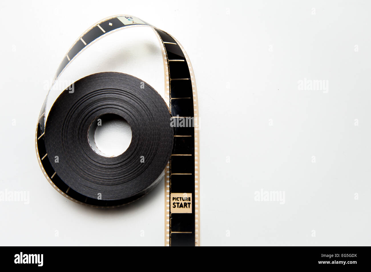 Unrolled 35mm movie reel with picture start frame in vertical position ...