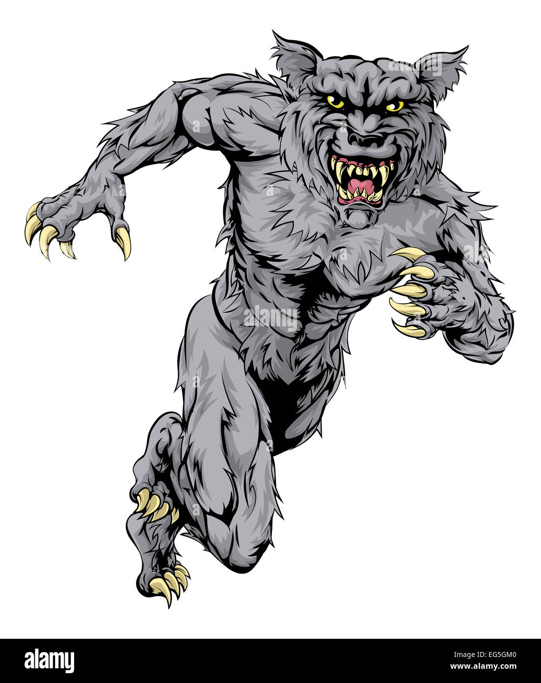 A werewolf wolf man character or sports mascot charging, sprinting or ...