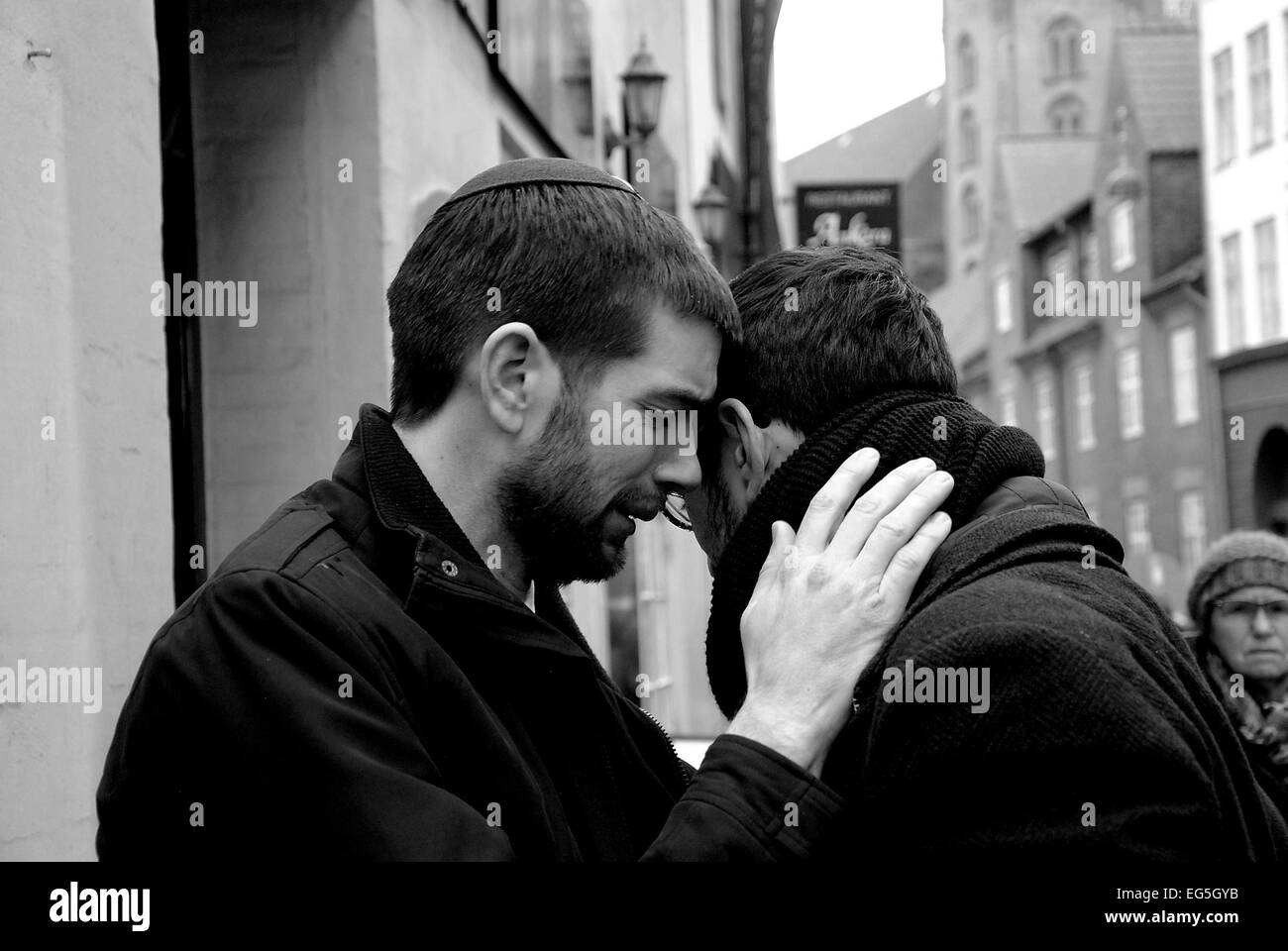Copenhagen-Denamrk Two danish male jews comfort each other with hugs ...