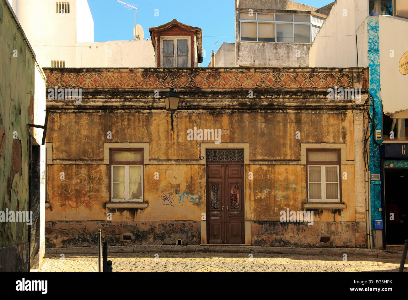 Portuguese architecture, run down building, Portimao, Algarve, Portugal ...