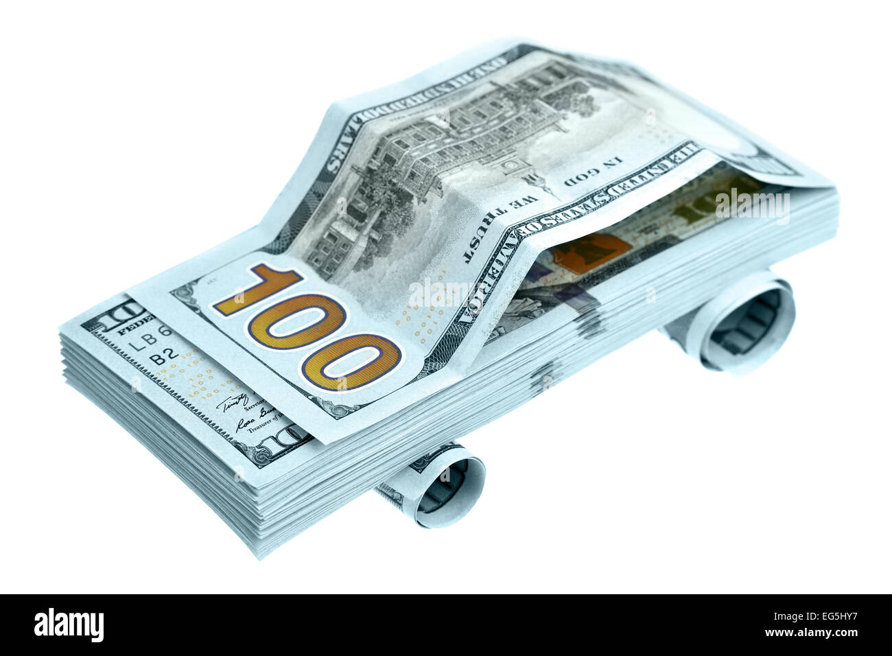 Car made of new hundred dollar bills isolated over the white background ...