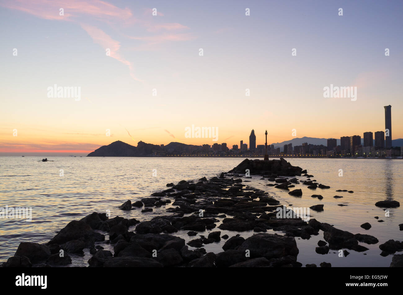 The skyline of Benidorm in the evening as seen from its harbor Stock ...