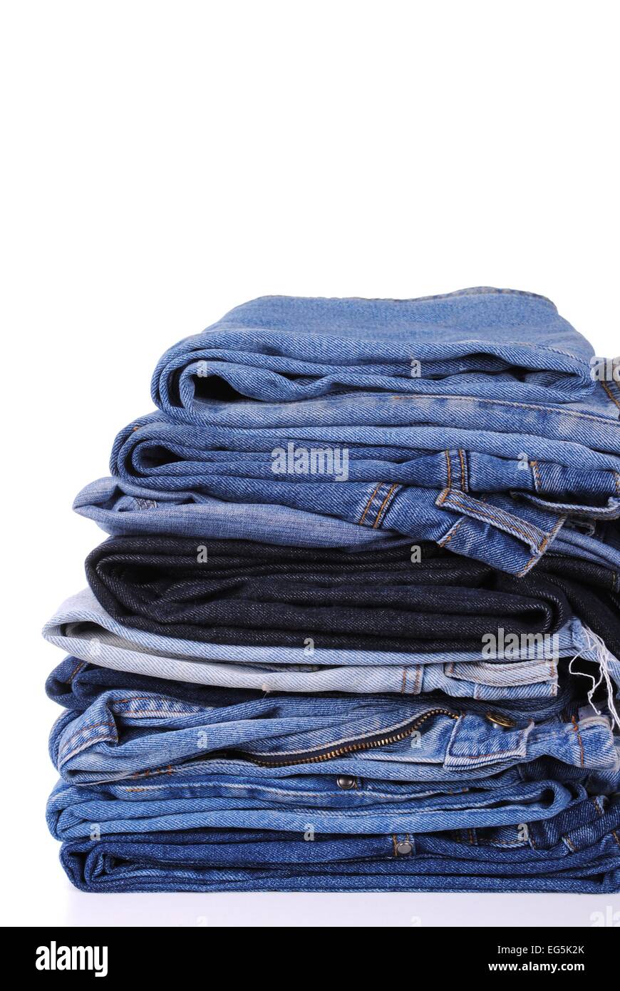 stack of different kind of blue jeans, on white background Stock Photo ...
