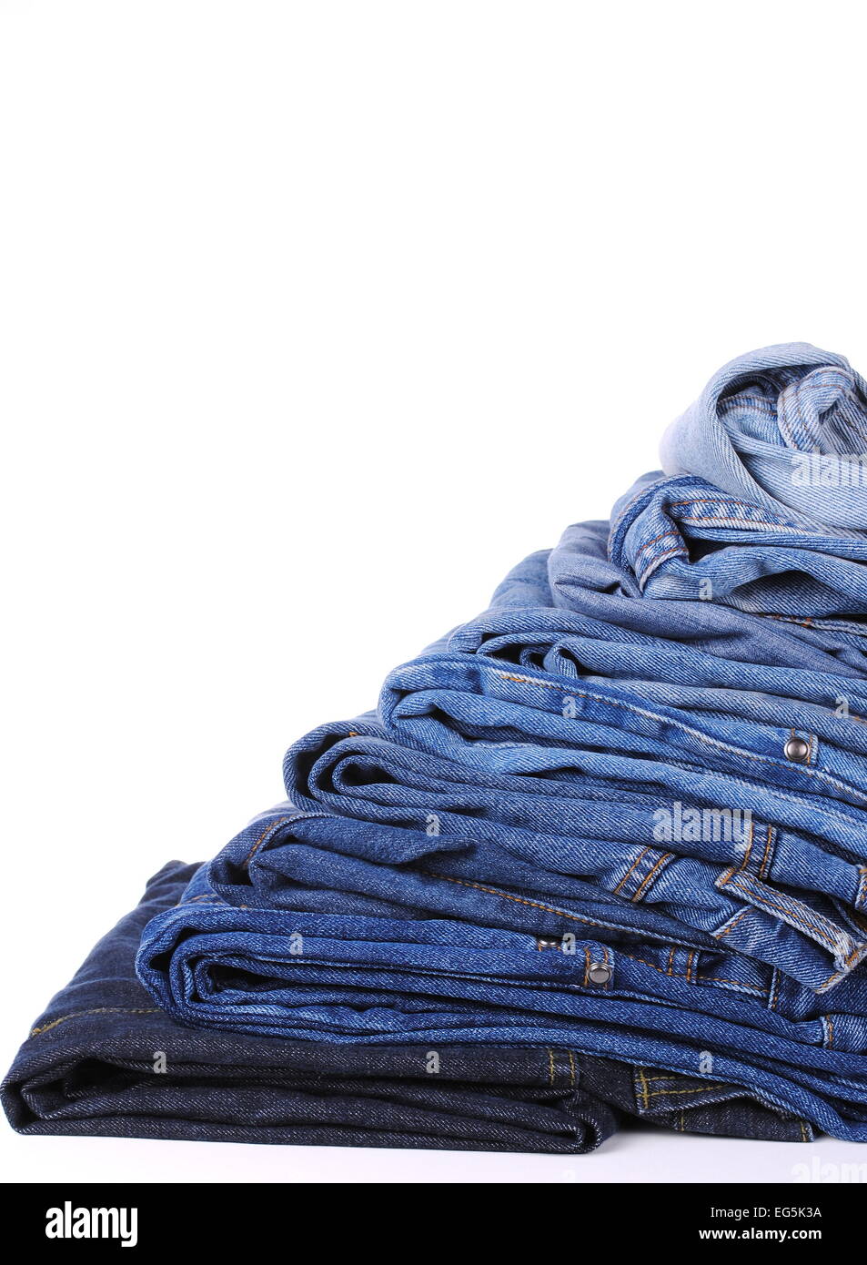 stack of different kind of blue jeans, on white background Stock Photo ...