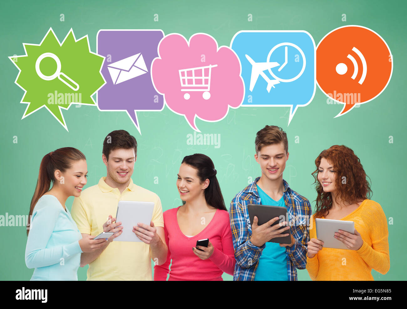happy friends with smartphones and tablet pc Stock Photo - Alamy