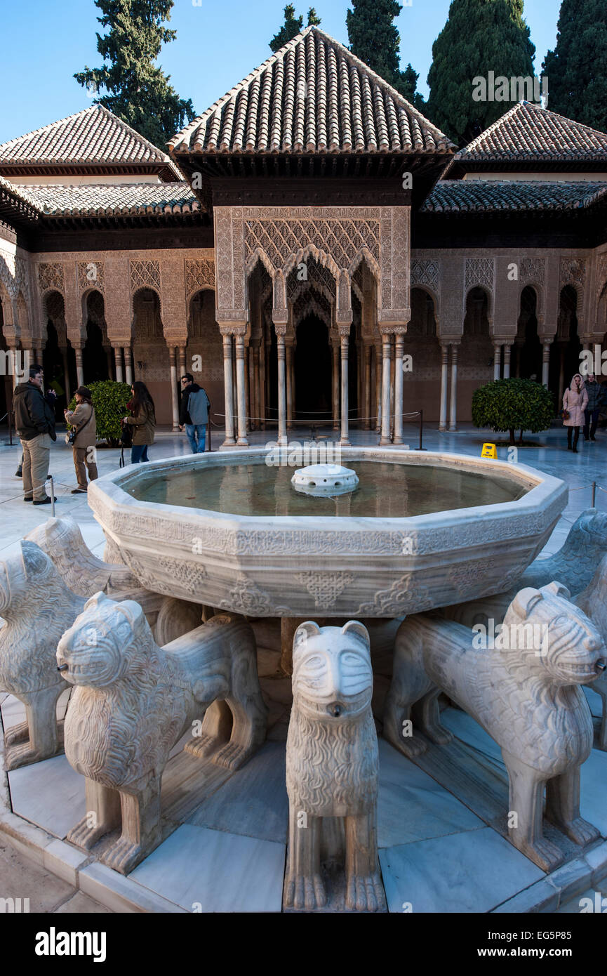 Lion Fountain located inside the Courtyard of the Lions in Alhambra ...