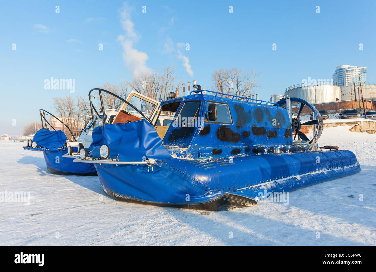 Hovercraft on the ice of the frozen river Stock Photo - Alamy