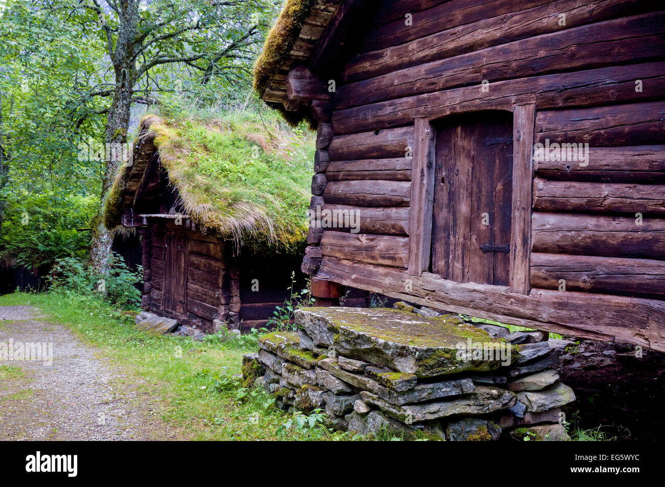 Old scandinavian wooden farm houses in cloudy weather - Norway Stock ...