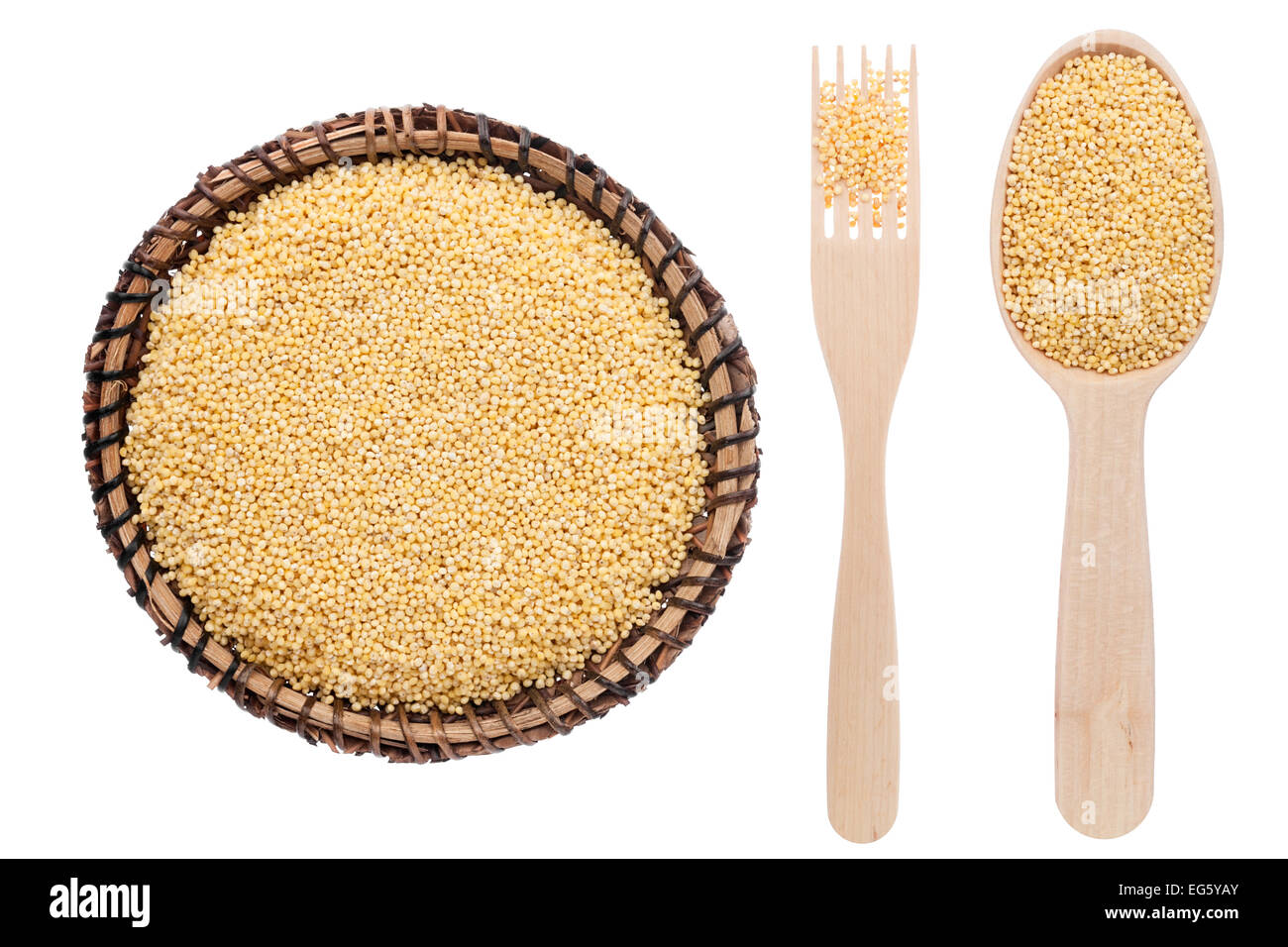 millet in a plate, fork and spoon, isolated on white background Stock ...