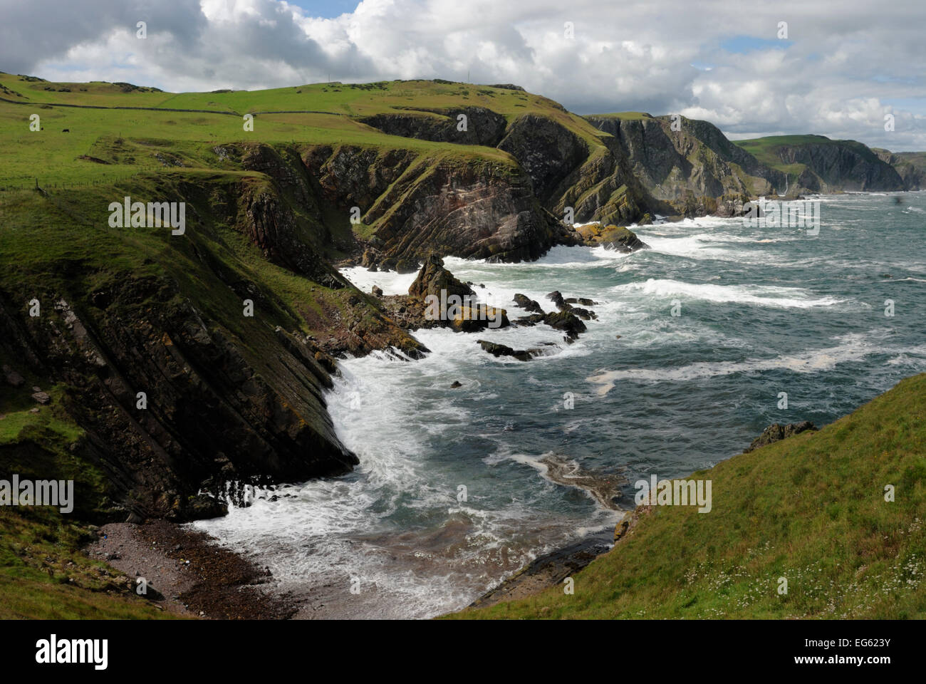 Cliffs showing rock striations and geological folding, Pettico Wick, St ...