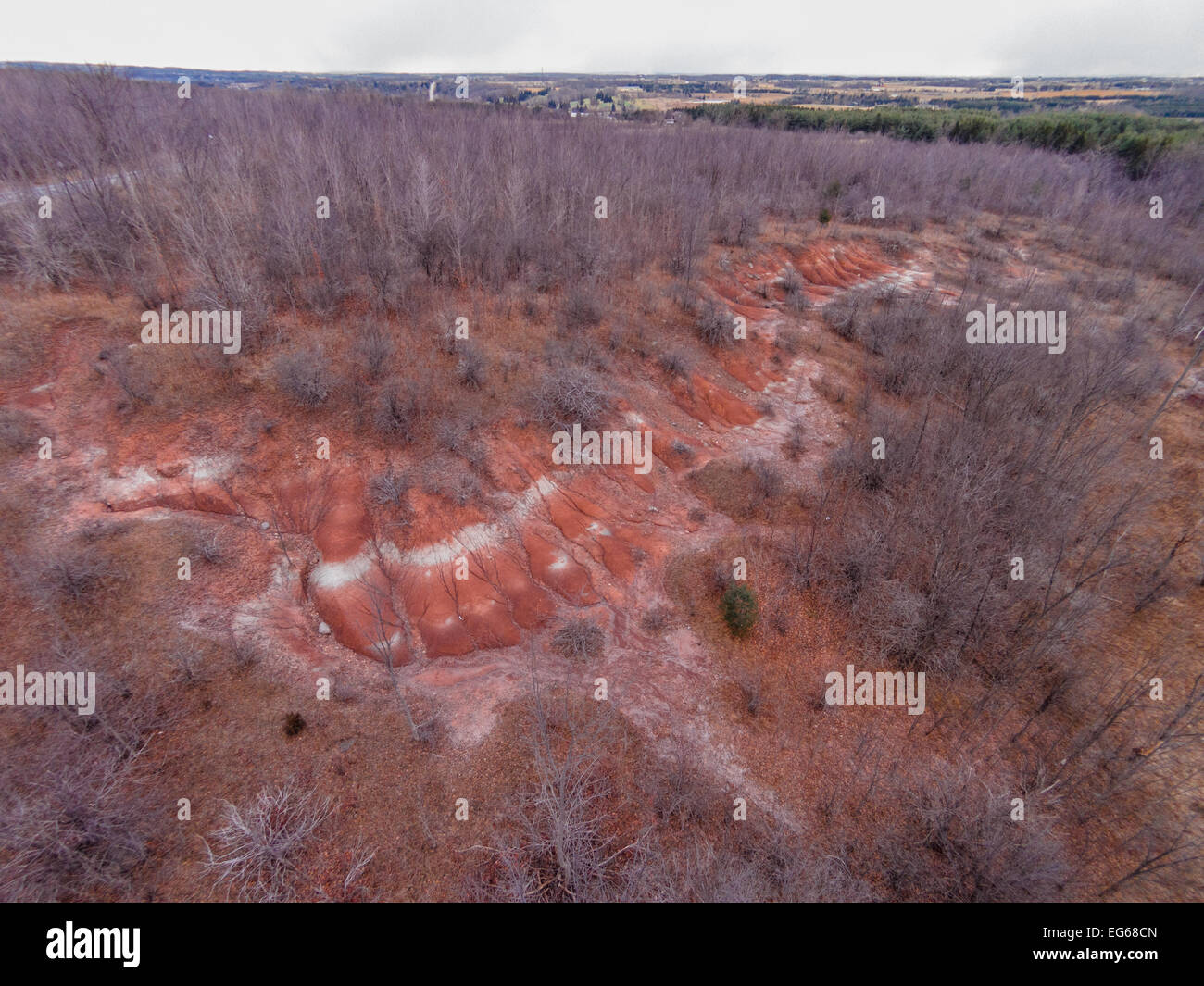 Aerial view of the Cheltenham Badlands in Southern Ontario with exposed ...