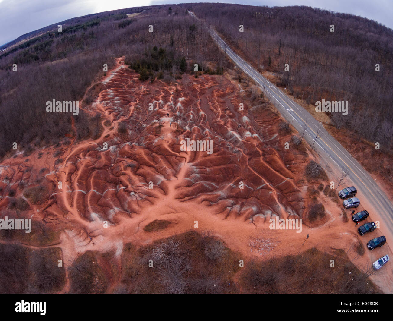 Aerial view of the Cheltenham Badlands in Southern Ontario with exposed ...
