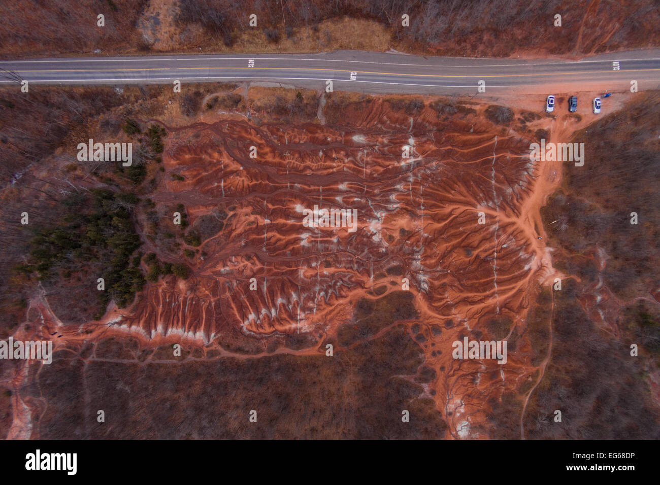 Aerial view of the Cheltenham Badlands in Southern Ontario with exposed ...