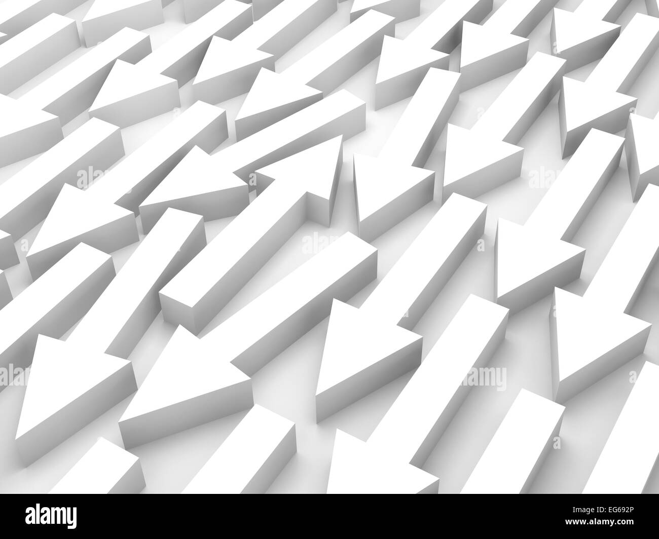 Abstract 3d illustration, one white arrow goes opposite in a group ...