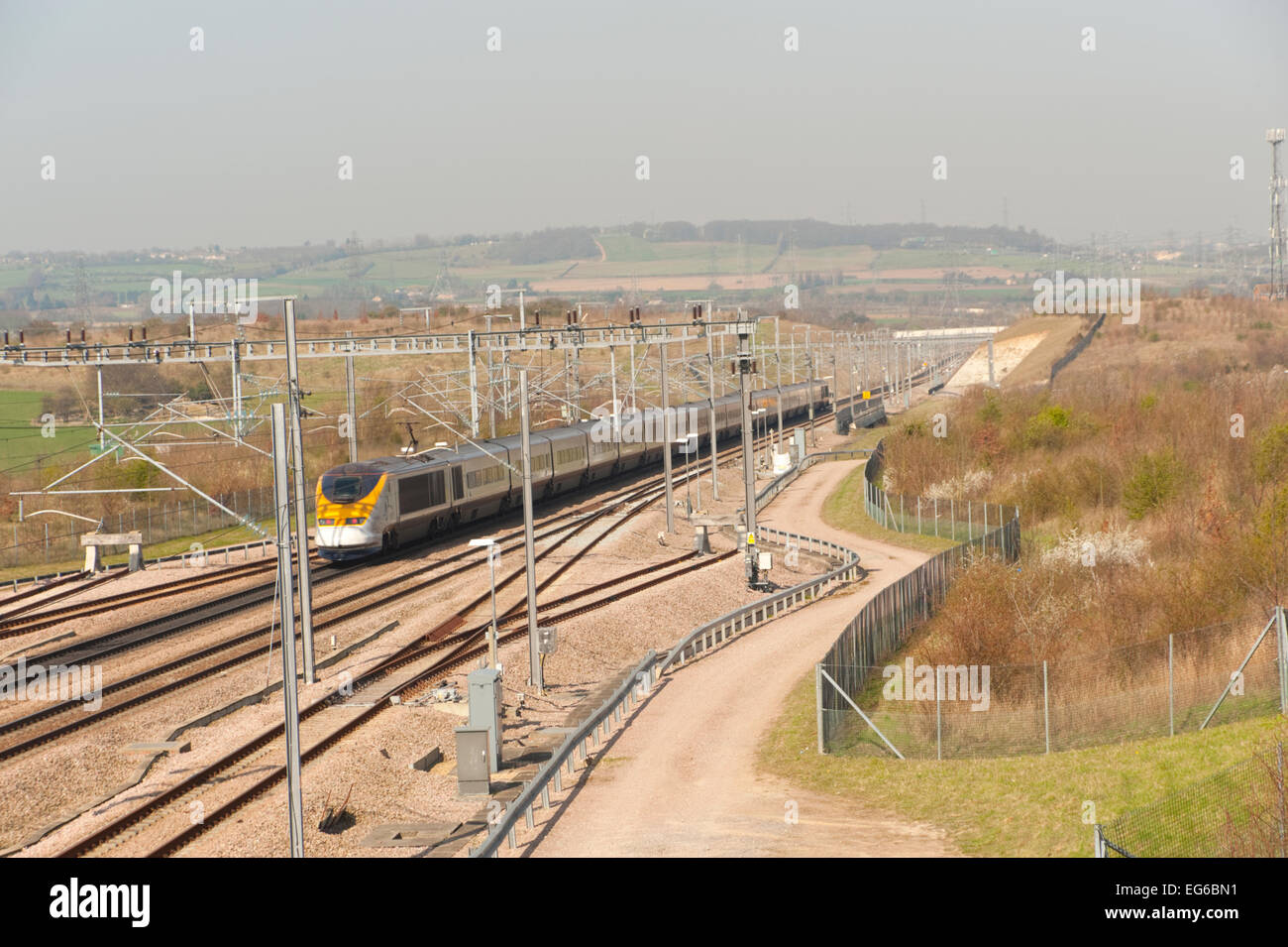 Coast bound Eurostar on The High speed rail line at Gravesend Kent ...