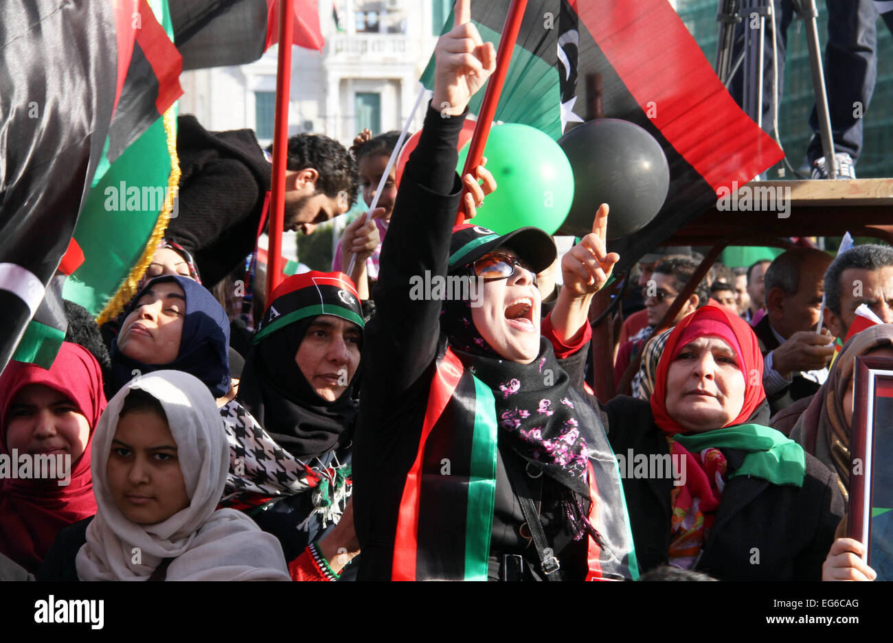 Tripoli, Libya. 17th Feb, 2015. People chant slogans on Martyrs Square ...