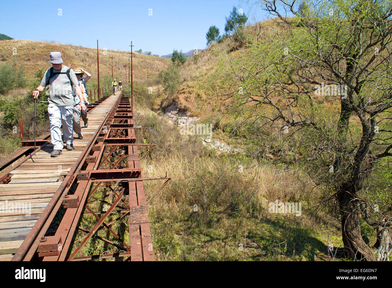 Walkers crossing an old rail bridge on the Prospector's Hiking Trail ...