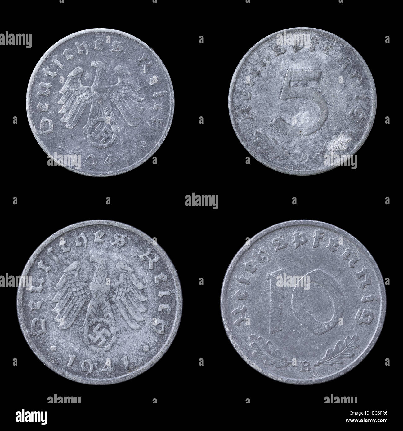 Obverse and Reverse of Two German Coins on a Black Background Stock ...