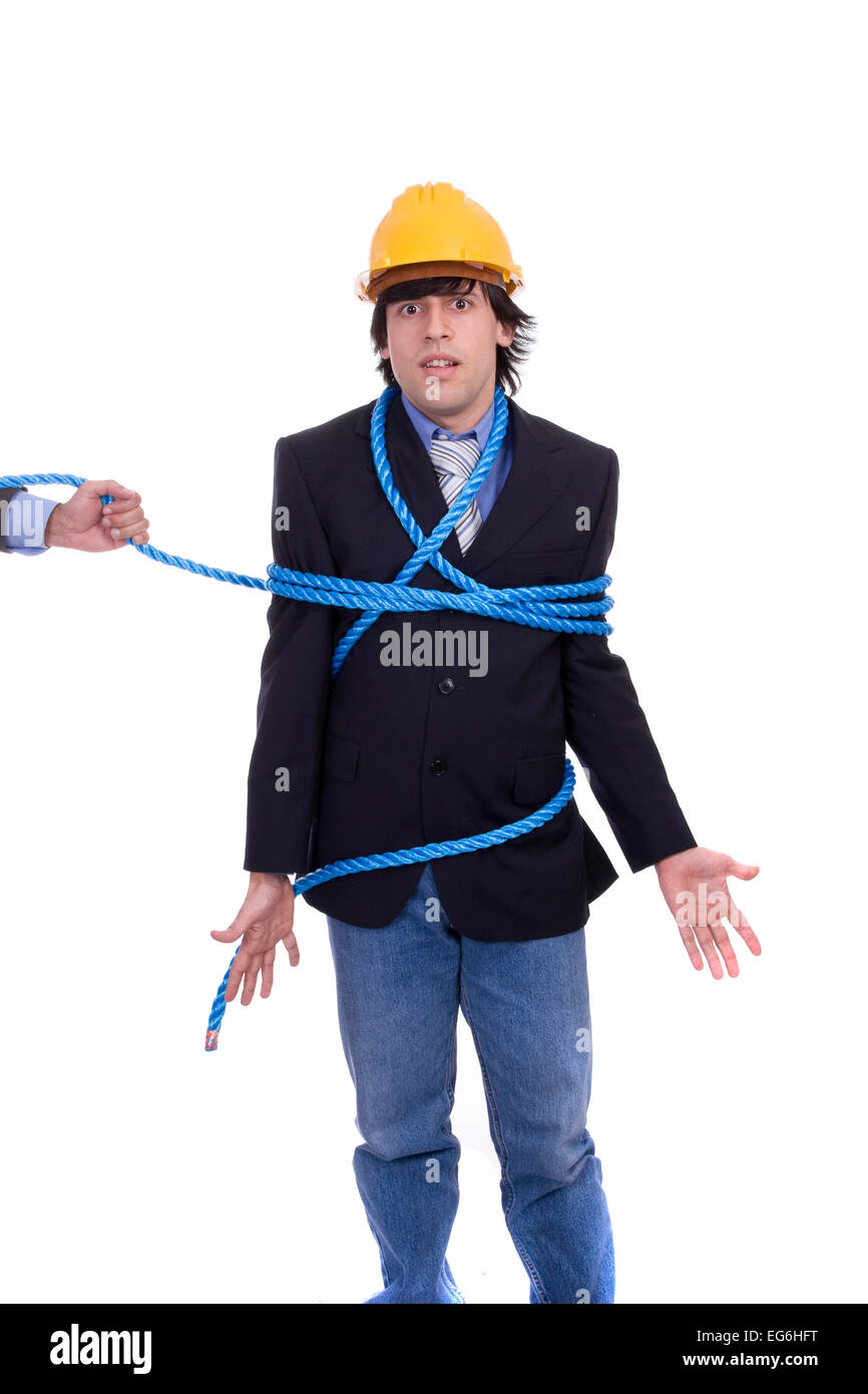 Businessman being pulled by a rope isolated over white Stock Photo - Alamy