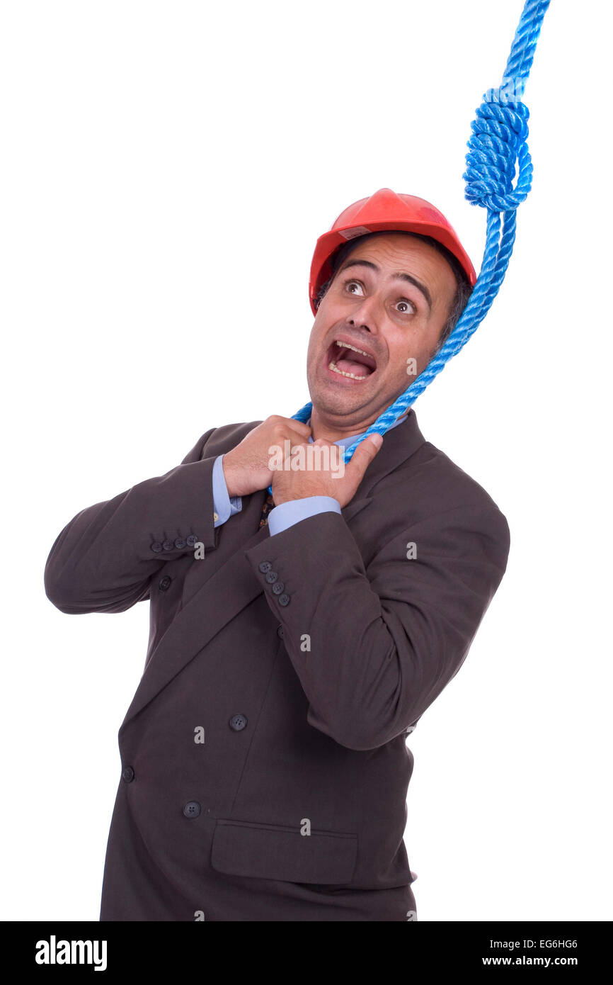 Business man hanging on a rope, isolated over white background Stock ...