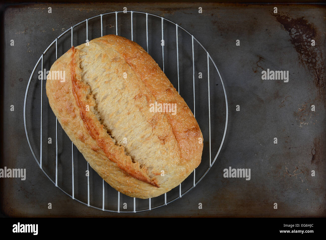 High angle shot of a fresh baked loaf of bread on a cooling rack ...