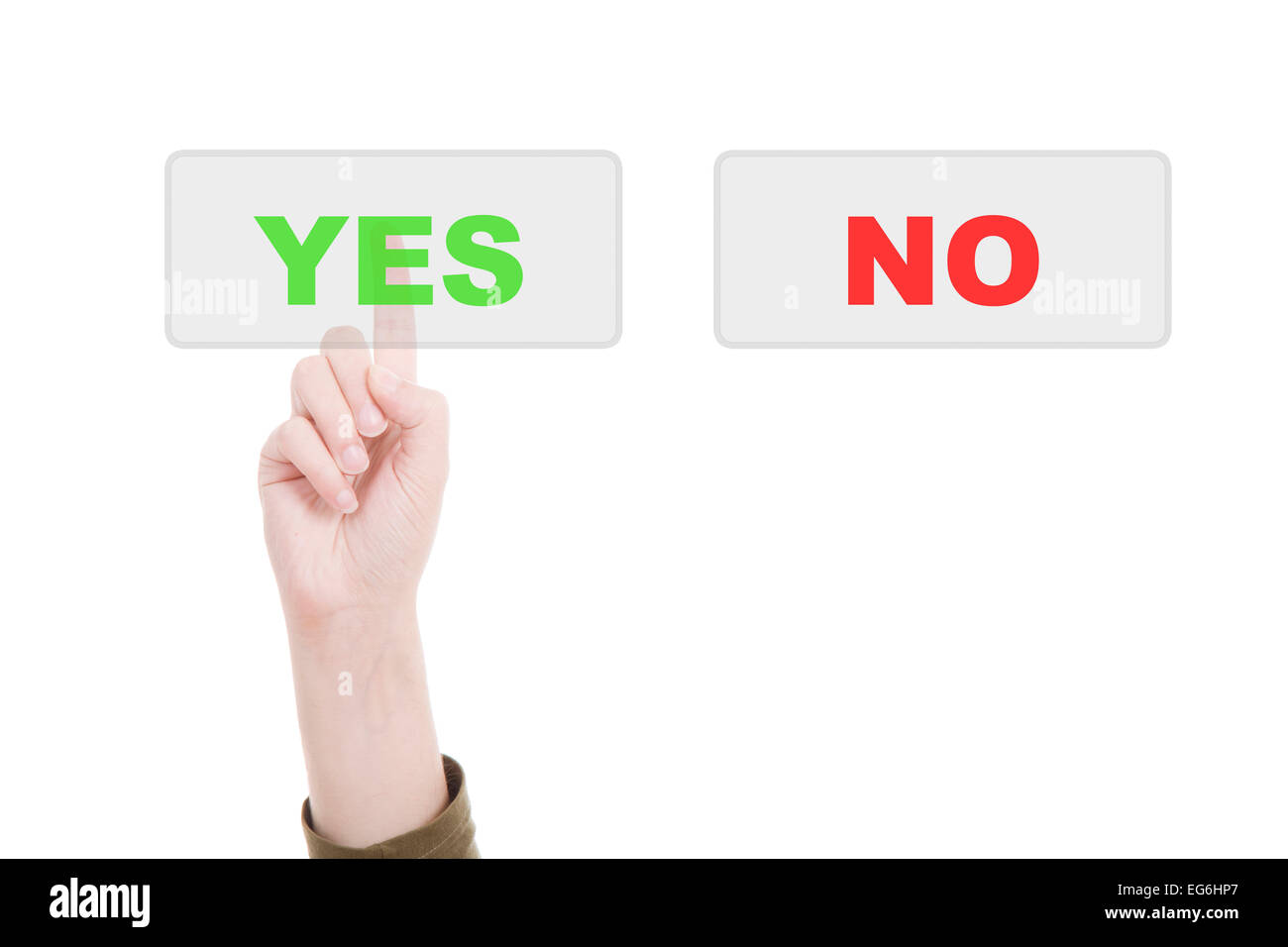 man's Finger pressing the YES key - Isolated over white background ...